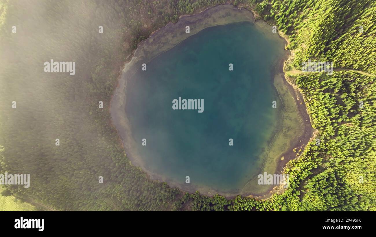 Aerial view lakes on green peaks, tropical island nature. Lagoa das ...