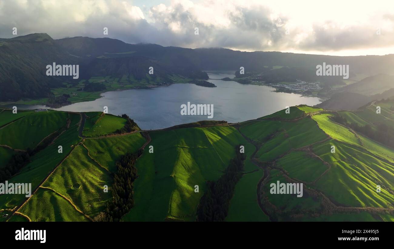 Aerial view lakes on green peaks, tropical island nature. Lagoa das ...