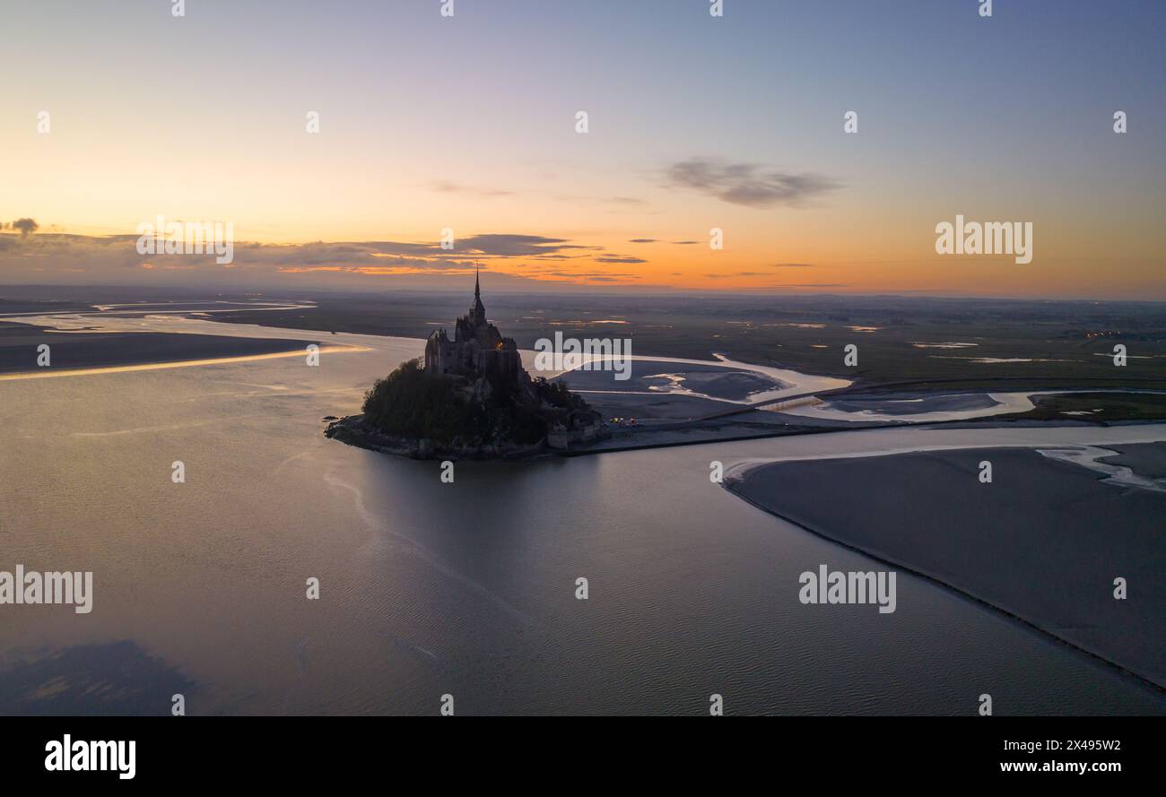 Aerial view of the famous French landmark Abbaye du Mont-Saint-Michel ...