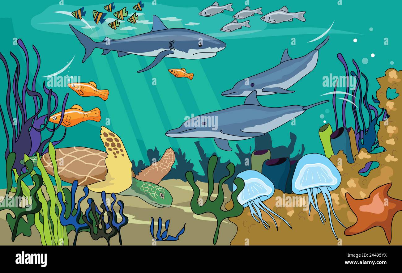 Water animals composition showing jellyfish, dolphin, fish, starfish ...
