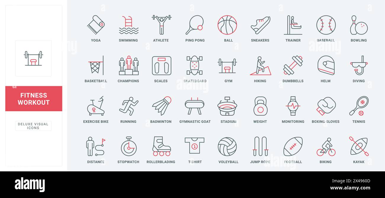Healthy exercises in gym or stadium, team sport games line icons set ...