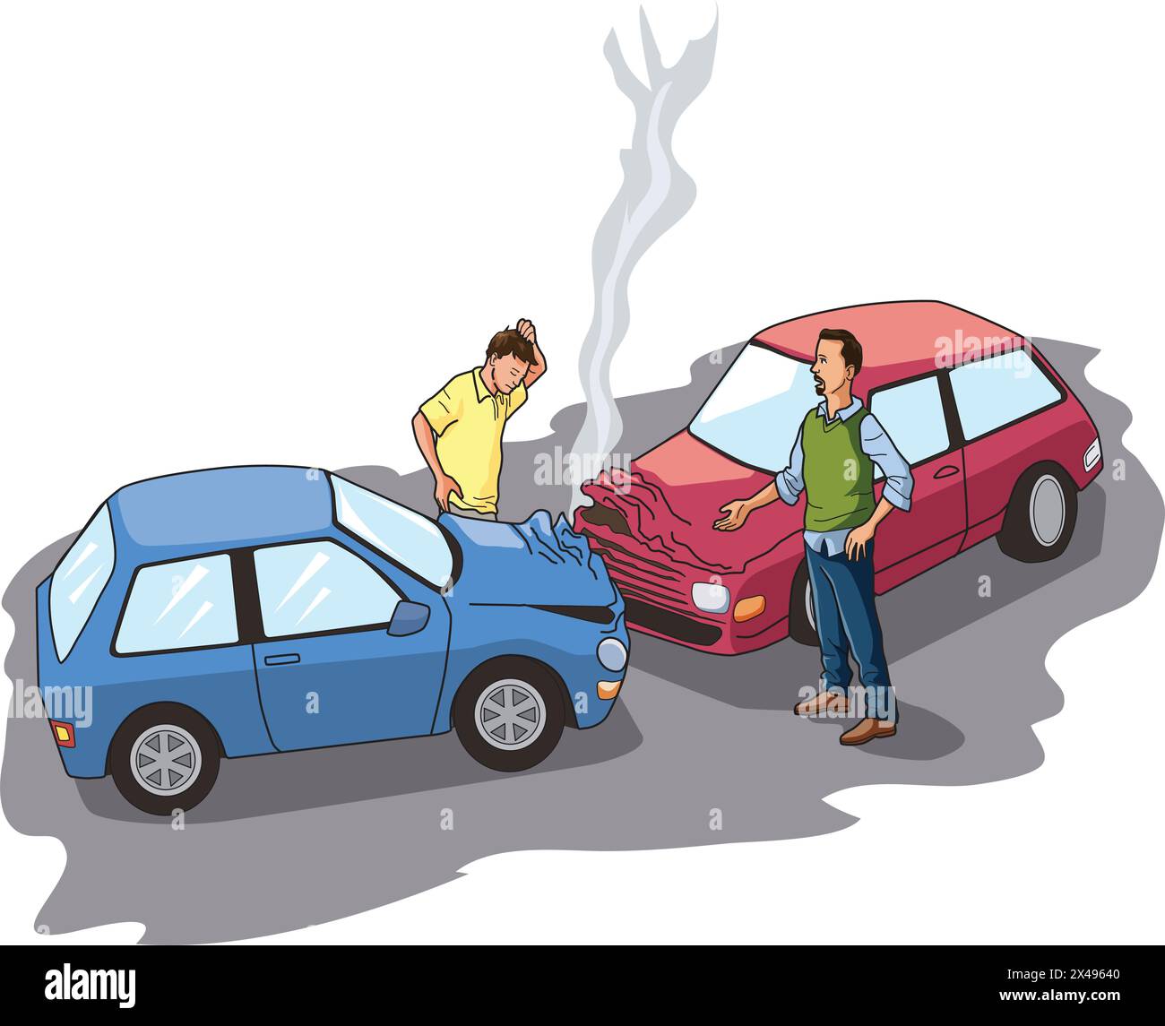 Illustration showing car crash with two people standing near the cars ...