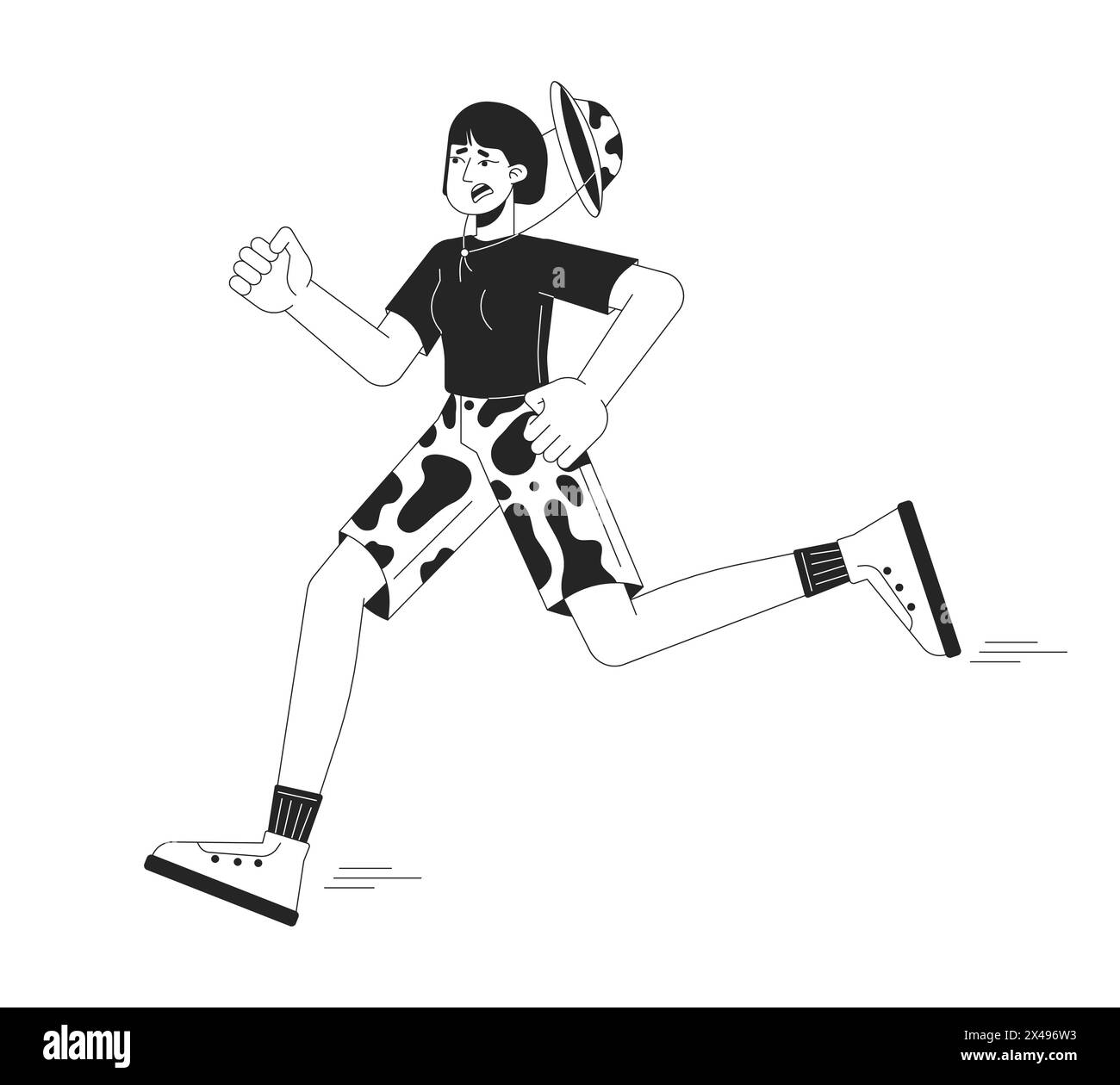 Scared asian female tourist running black and white 2D line cartoon ...