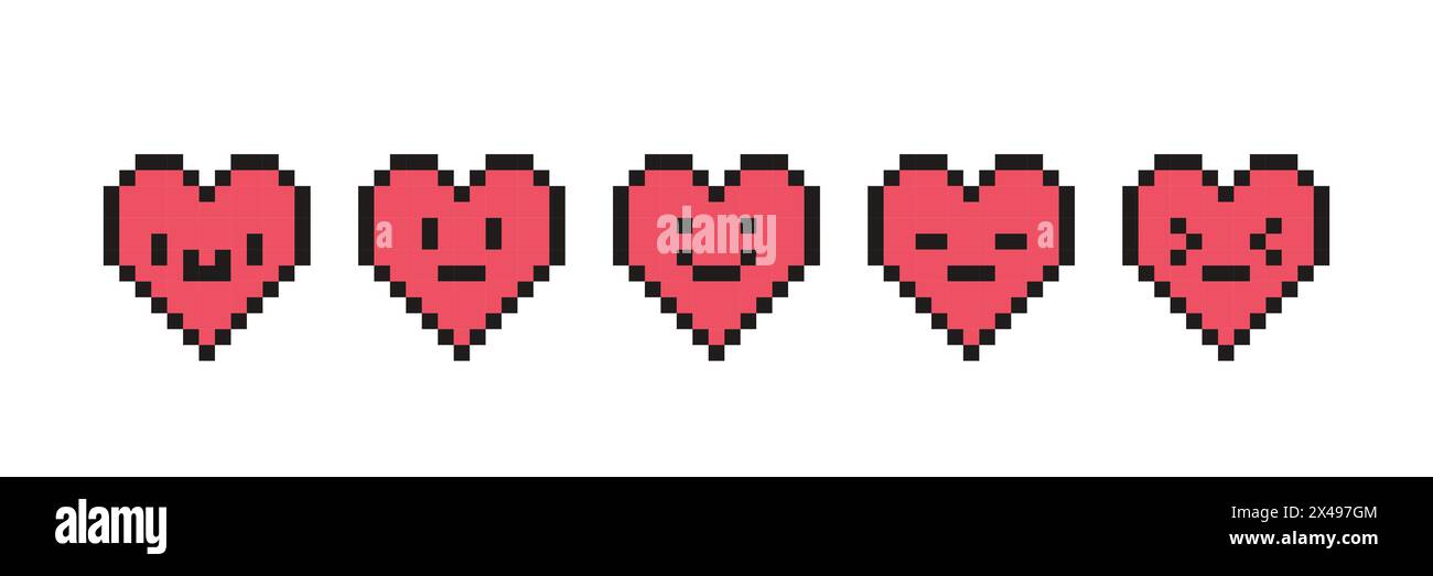 Pixel heart set with faces in retro style. Vintage love symbol, 8 bit ...