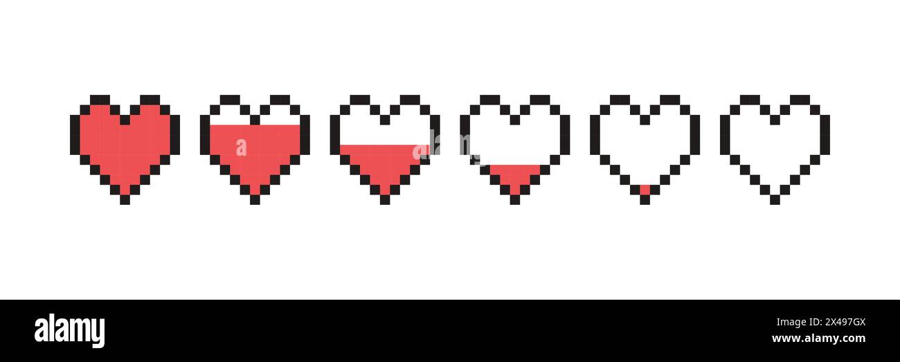 Pixel game life bar. Vector art 8 bit health heart bar. Gaming ...