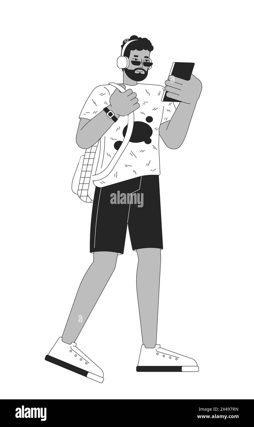 African american man with headphones using smartphone black and white 2D line cartoon character ...