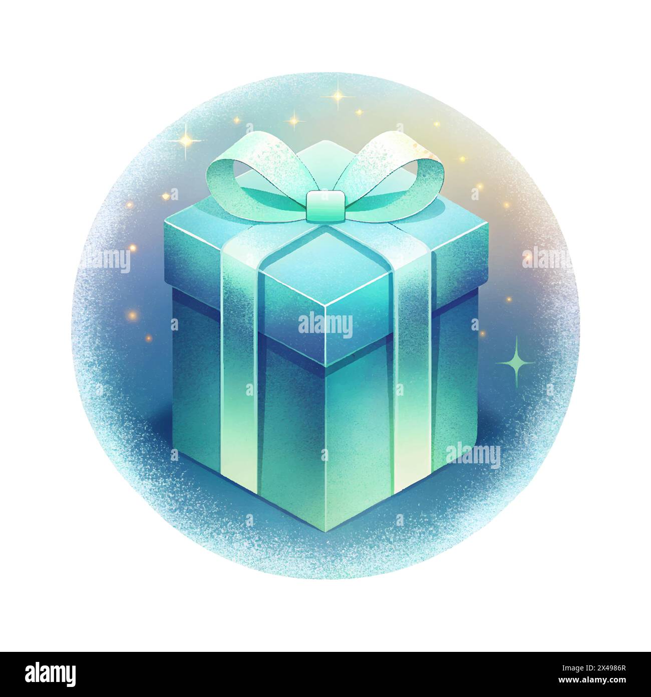 Blue gift New Years Christmas , box with bow and ribbon, on round snowy ...