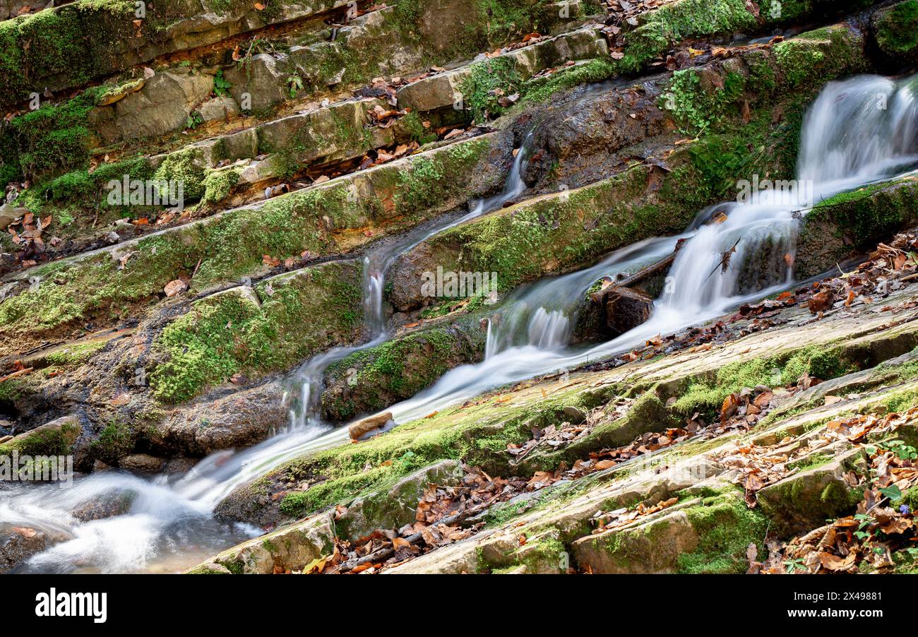Obanya gorge hiking trail at early spring time. There is a forest where ...