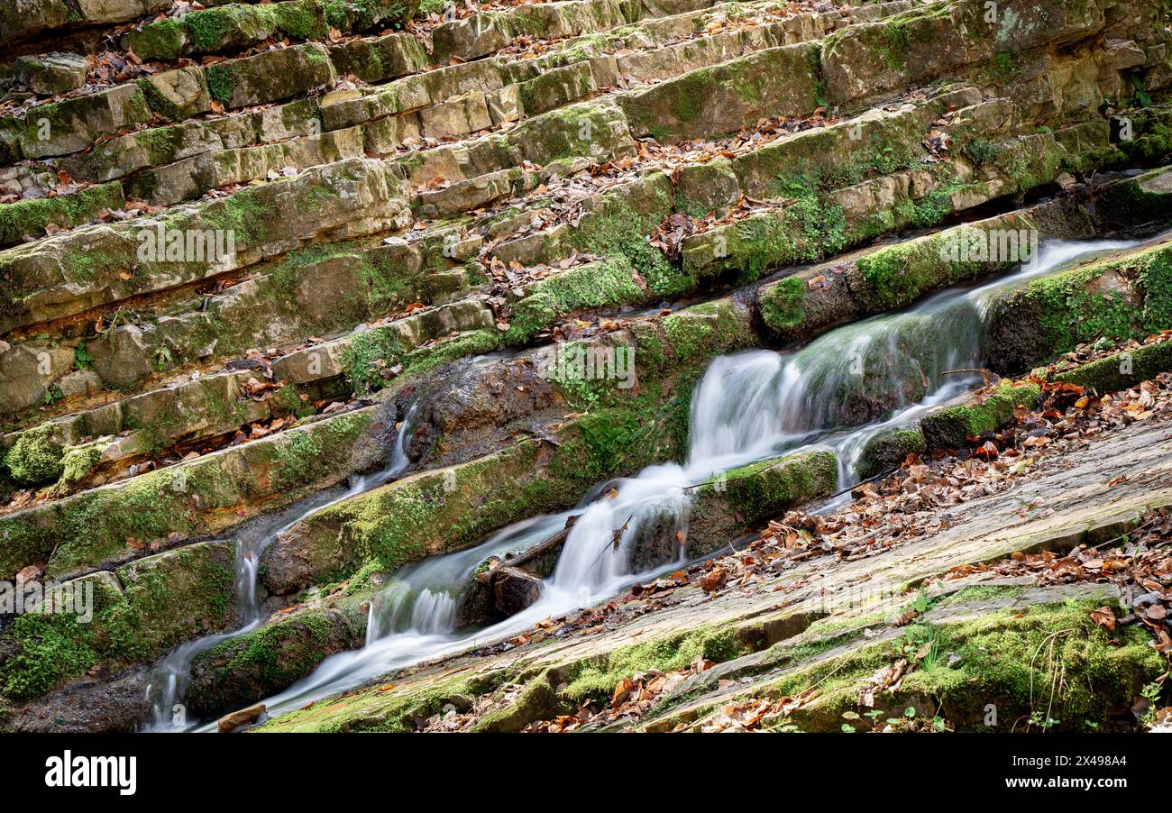 Obanya gorge hiking trail at early spring time. There is a forest where ...