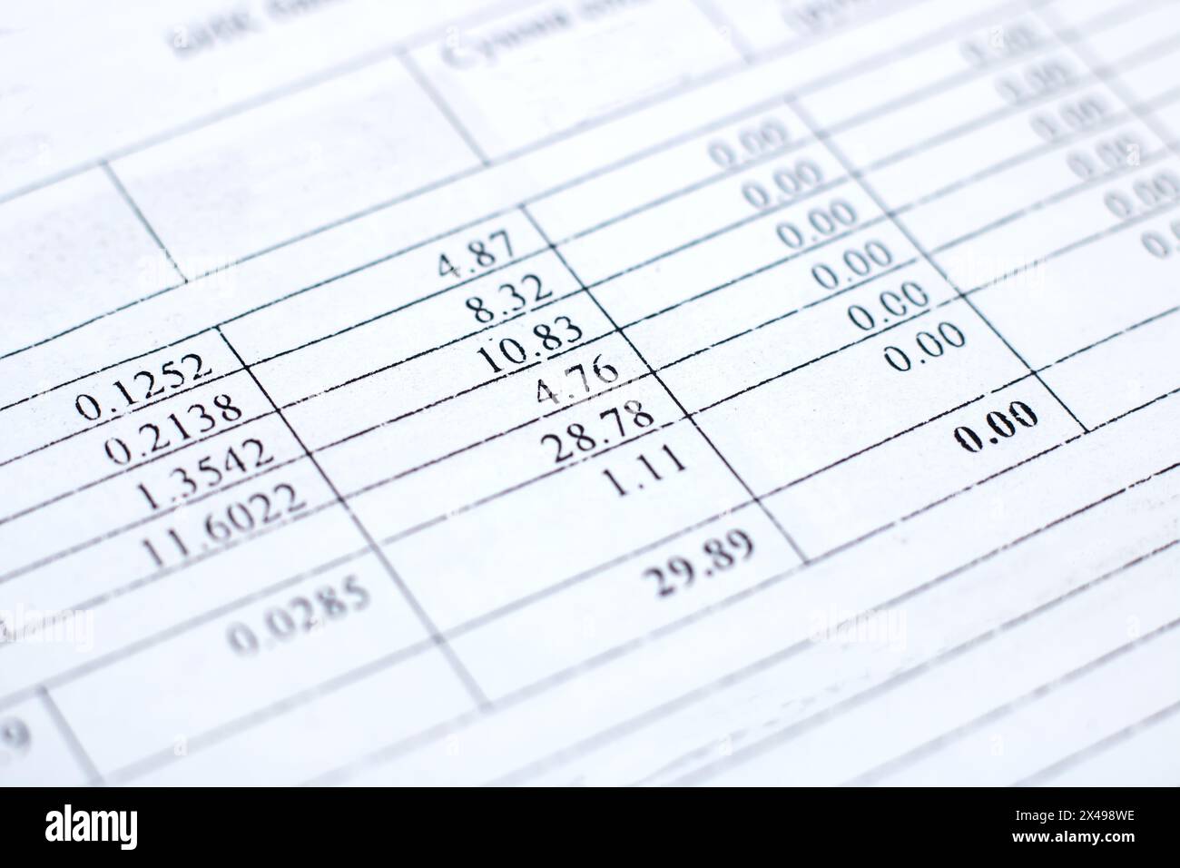 A closeup of a rectangle paper document with numbers in electric blue ...