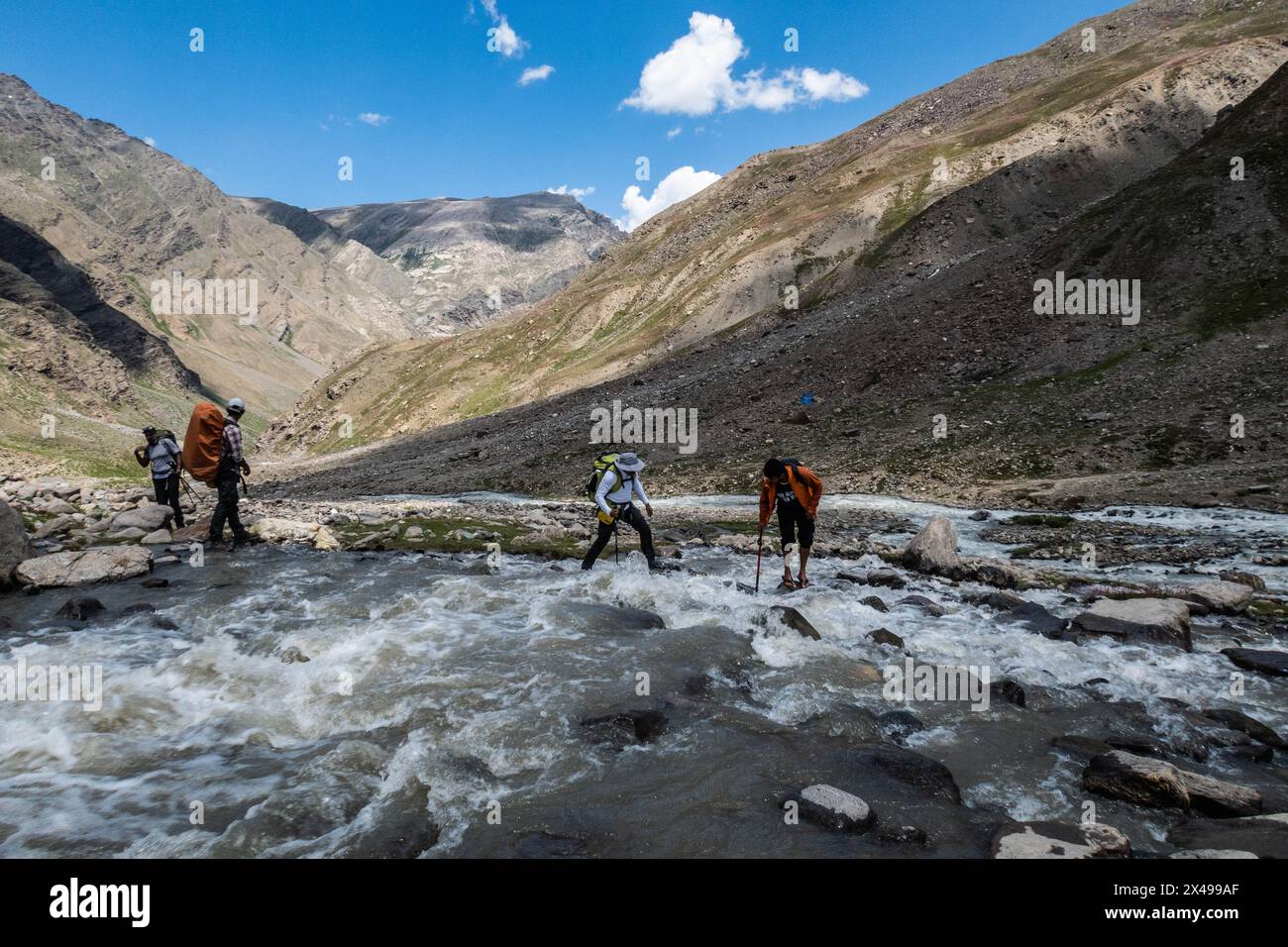 River crossing in the Warwan Valley, Pir Panjal Range, Kashmir, India ...