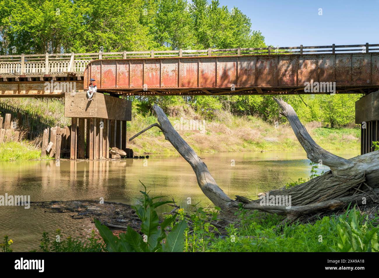 Easley, MO, USA - April 21, 2024: Katy Trail bridge over Bonne Femme ...