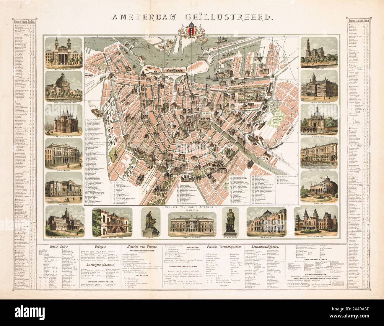 Vintage pictorial map of Amsterdam, with vignette of various tourist ...
