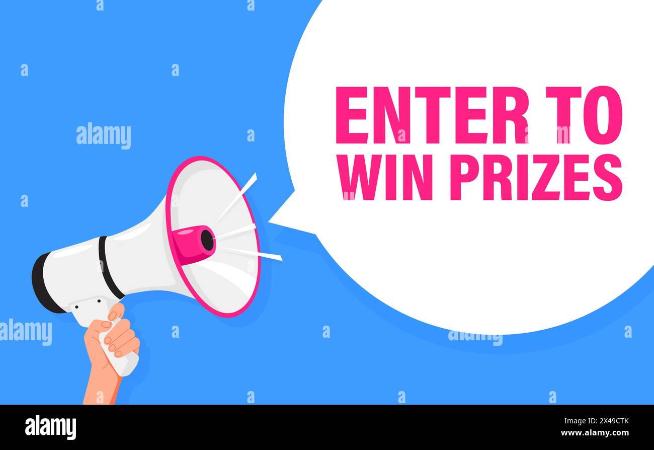 Enter to win prizes. Hand hold megaphone speaker for announce ...