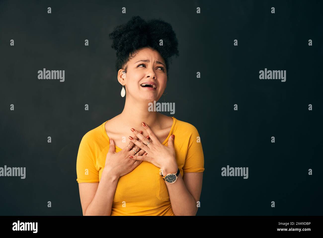Cry, portrait and black girl with sad, studio and drama of student for ...
