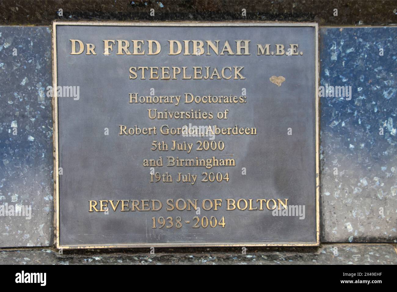 Memorial plaque of Dr Fred Dibnah MBE, in Bolton Lancashire Stock Photo ...