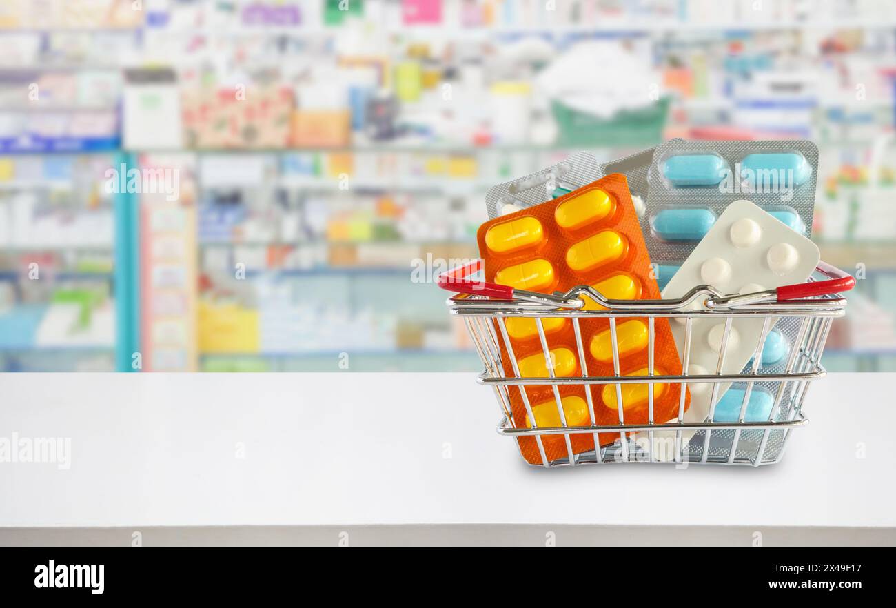 Medicine pills package in shopping basket with pharmacy drugstore ...