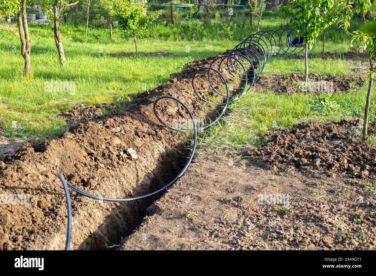 Installation of automatic drip irrigation for the garden. A long ditch ...