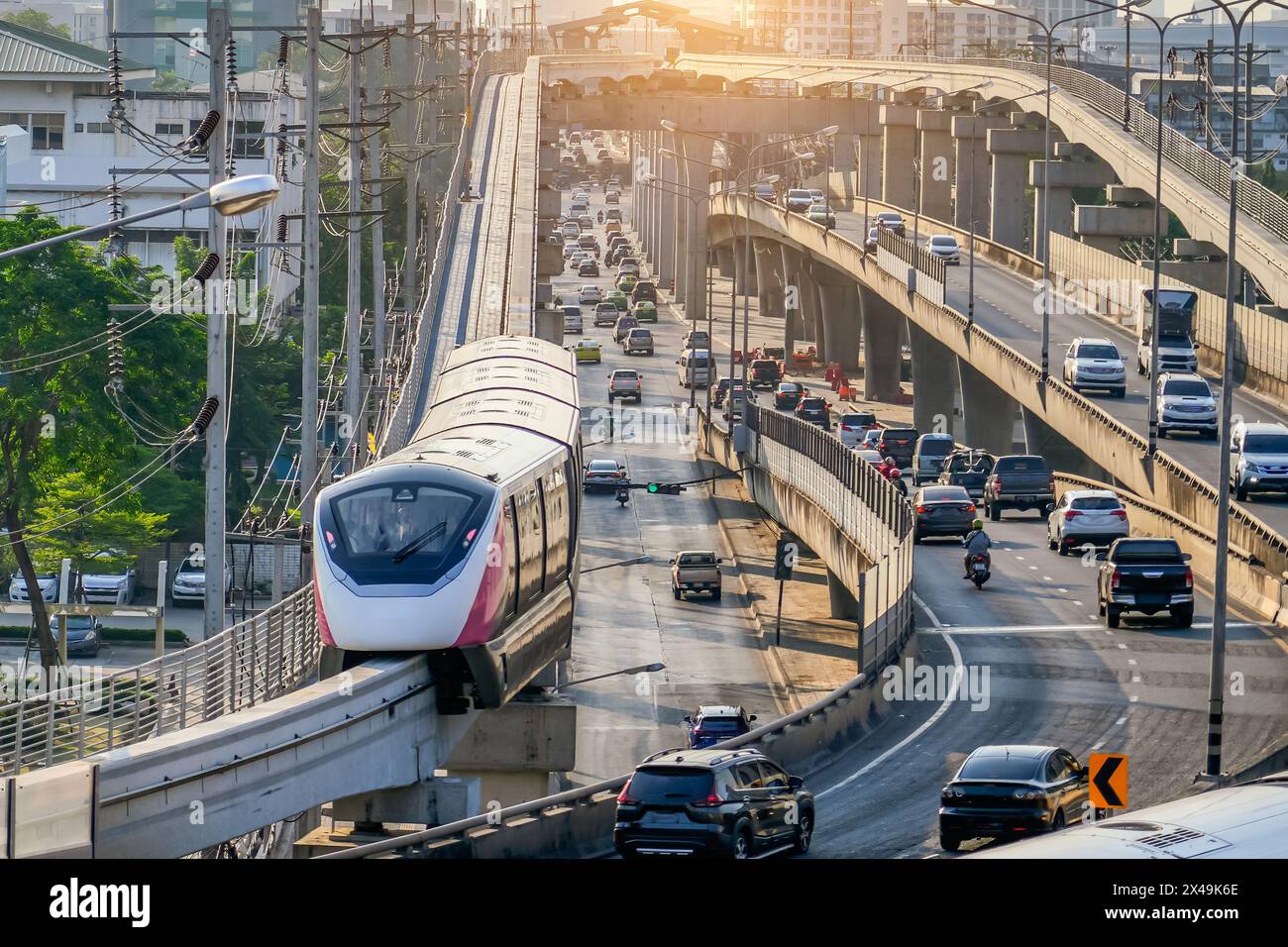 Urban view railway tracks suburban monorail electric trains rushing on ...