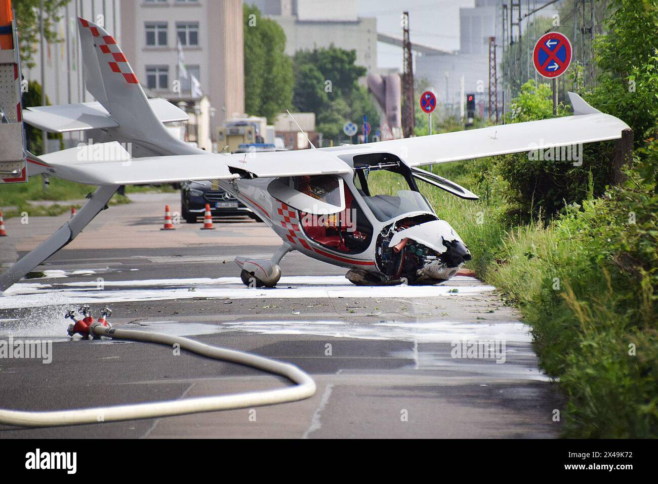 Mannheim, Germany. 01st May, 2024. A small plane stands on a road after ...