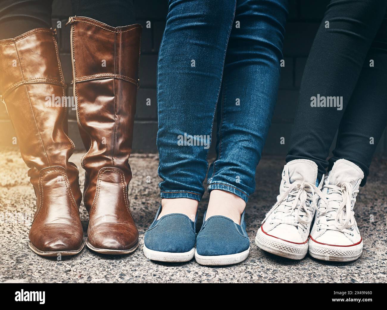 Group, people and shoes for style of fashion by wall for waiting in ...