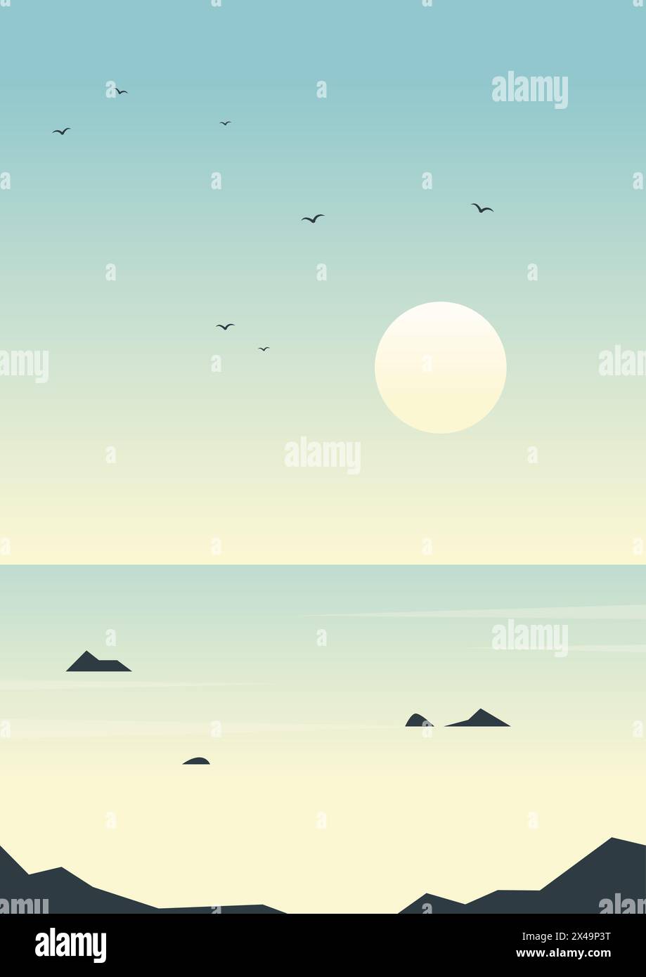 Morning landscape with spring sea vector illustration. Massive rocks ...