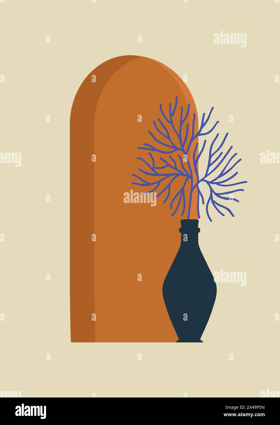Aesthetic poster with coral in vase interior design illustration. Jar ...