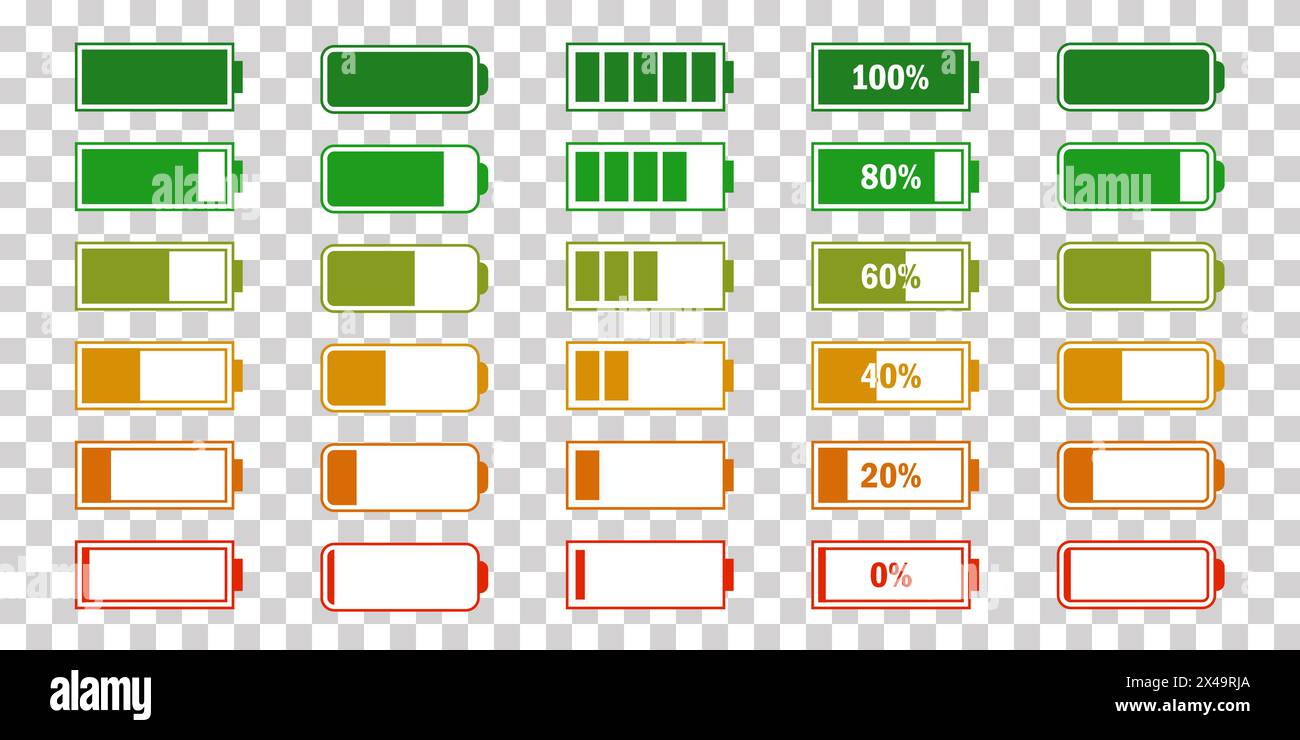 Level battery energy icon set. Powerfully full and power low up status ...