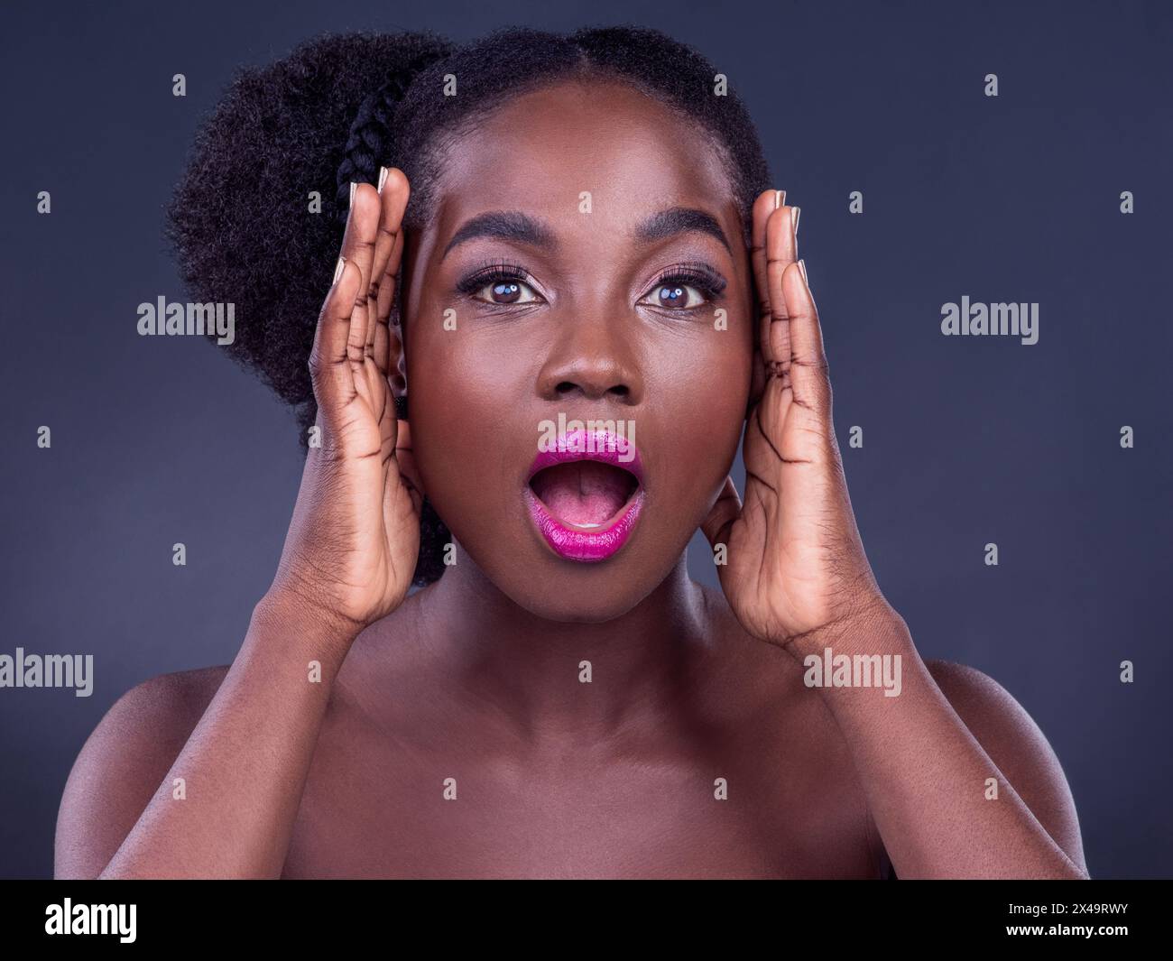 Black woman, portrait and studio on shock, beauty and pose or facial ...