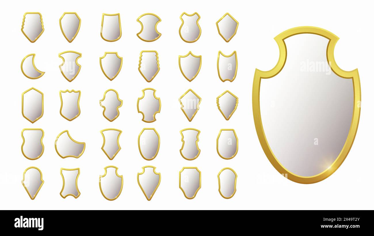 Set of realistic golden heraldic shields. Glass and glossy shield ...