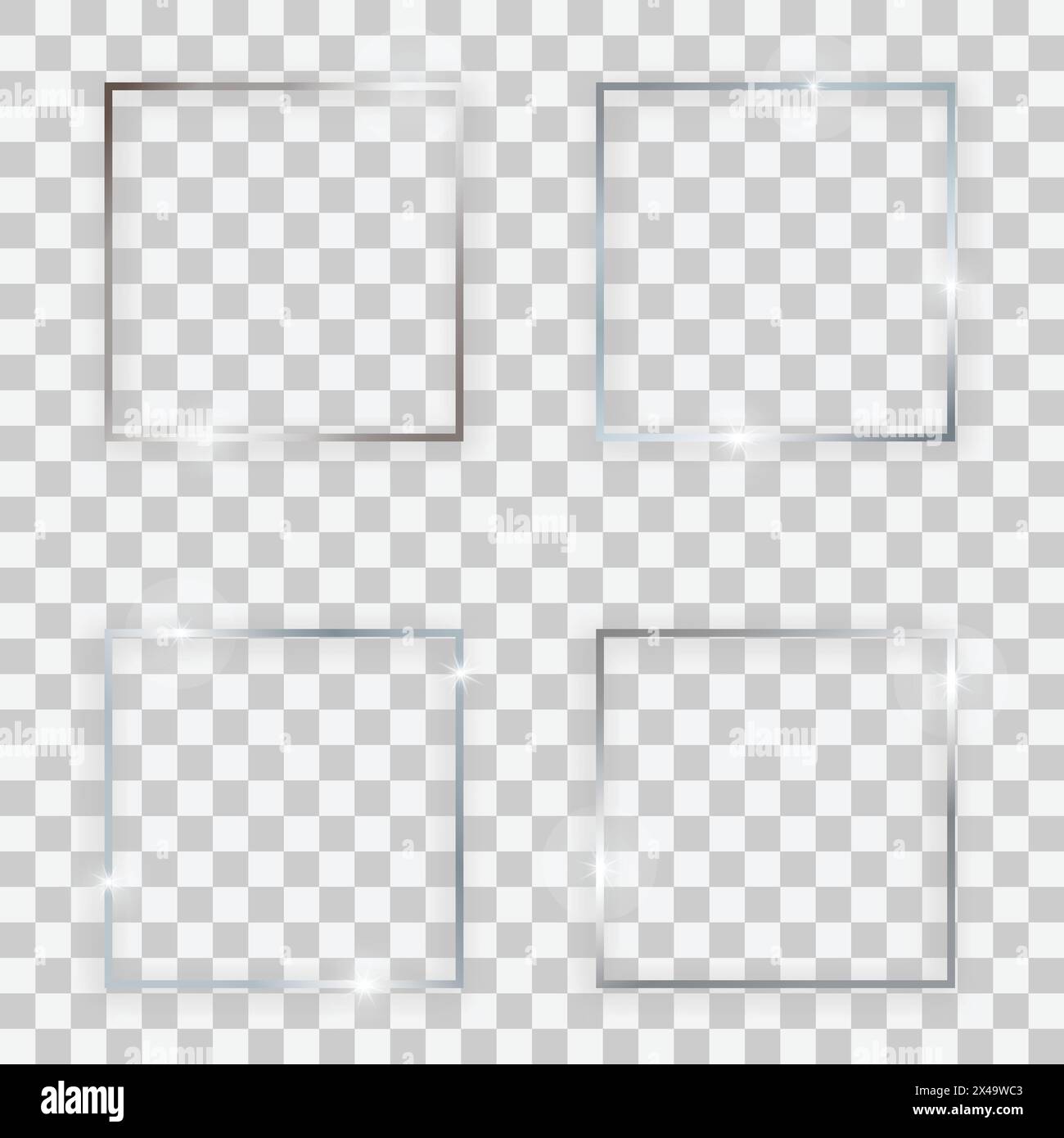 Set of four silver shiny square frames with glowing effects and shadows on transparent ...