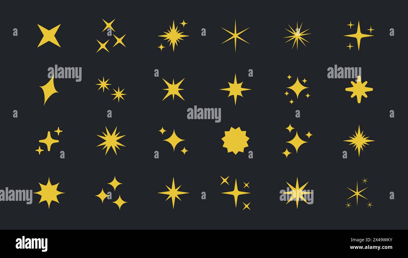 Retro futuristic bright vector yellow icons collection. Set of original star sparkle shapes ...