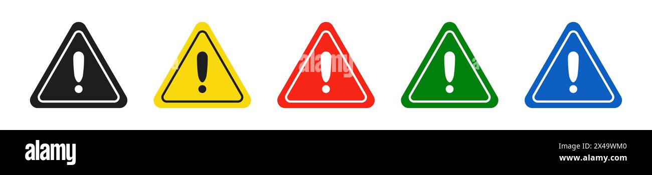 Set of triangular black, yellow, red, green and blue road signs with ...