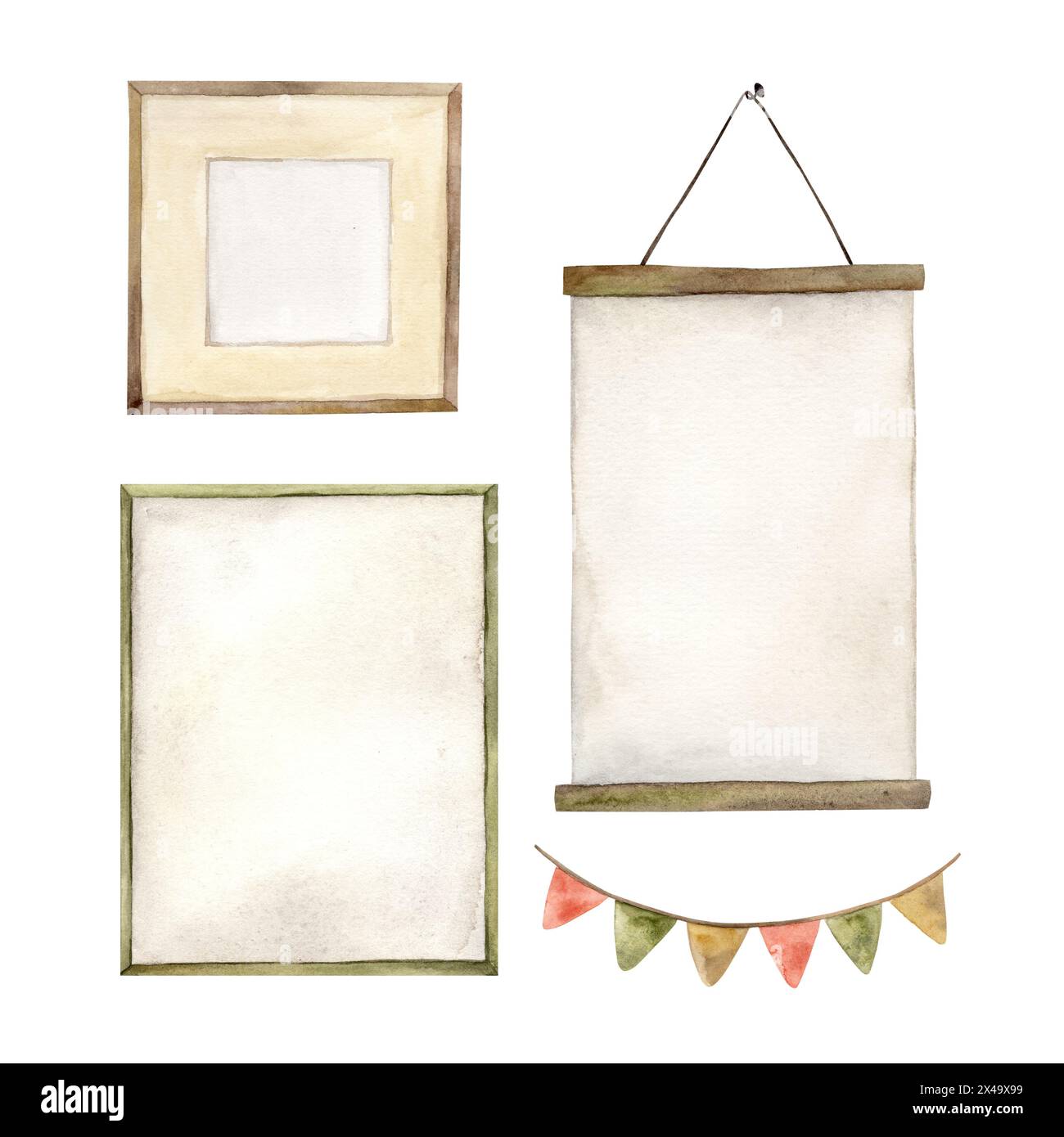 Watercolor set of empty frames and multi-colored flags on the wall ...
