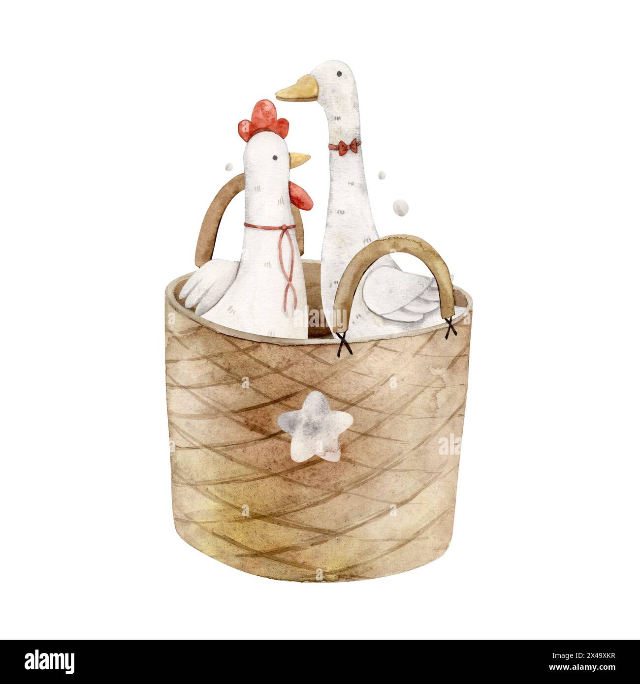 Wicker brown basket with children's toys, plush rooster and goose. Toys ...
