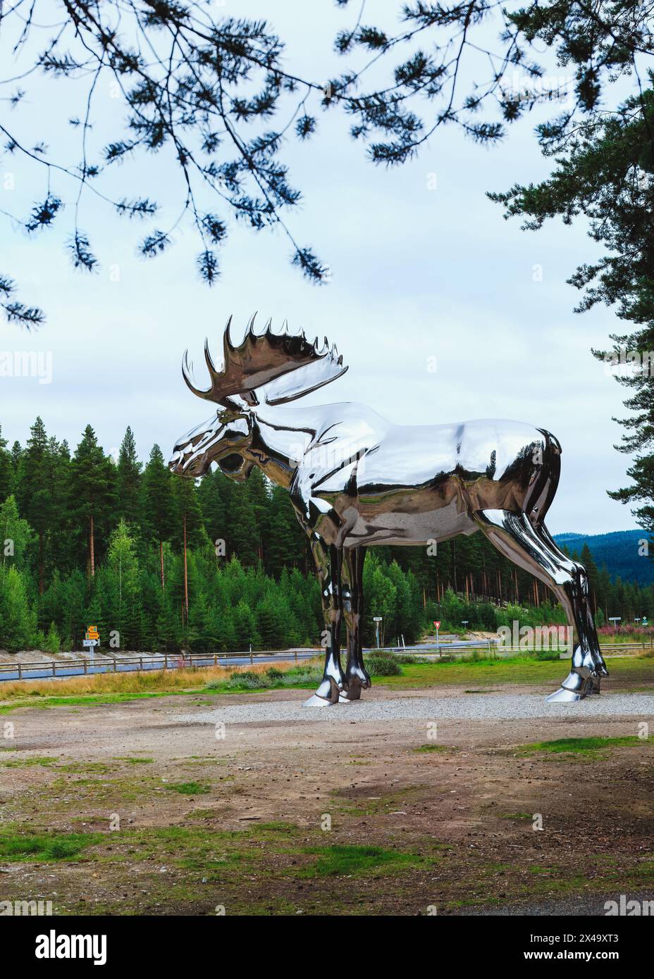 A unique shiny sculpture of a moose known as Storelgen by state way 3 ...