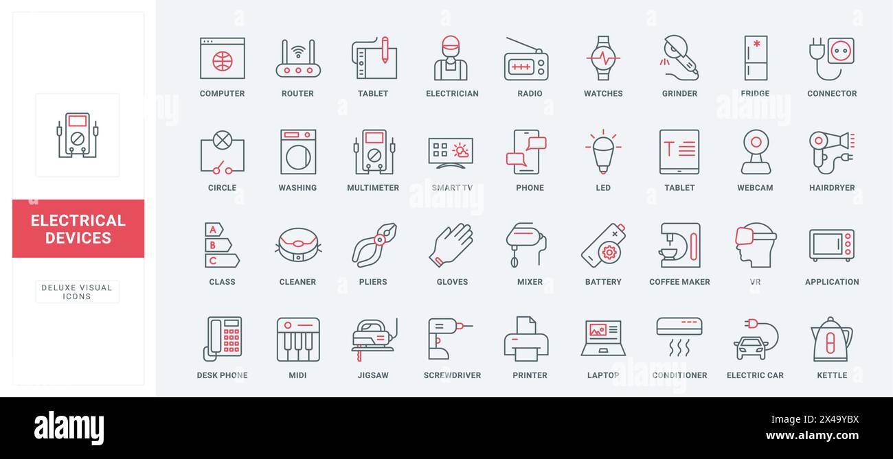 Electrical appliances and devices, household equipment line icons set ...