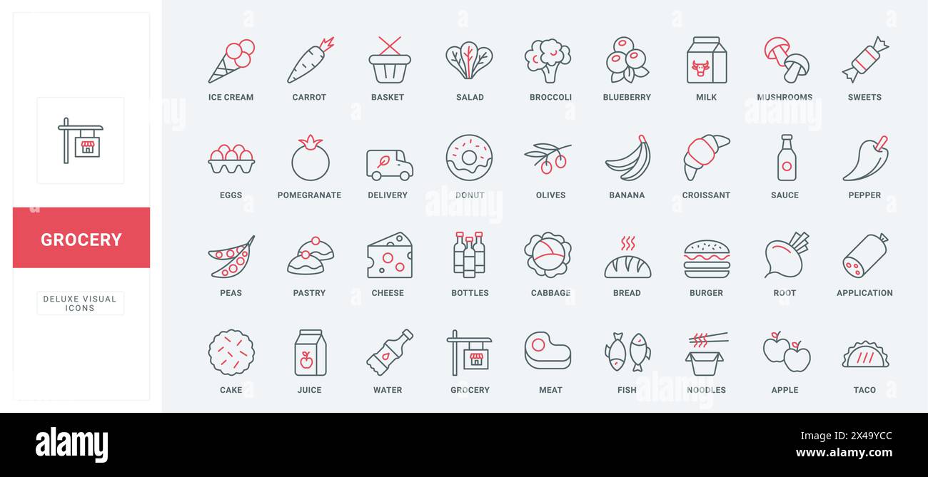 Grocery and supermarket food products for delivery line icons set ...