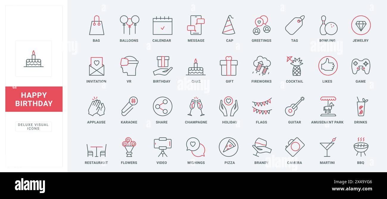 Happy birthday party line icons set. Fun music and karaoke, invitation ...