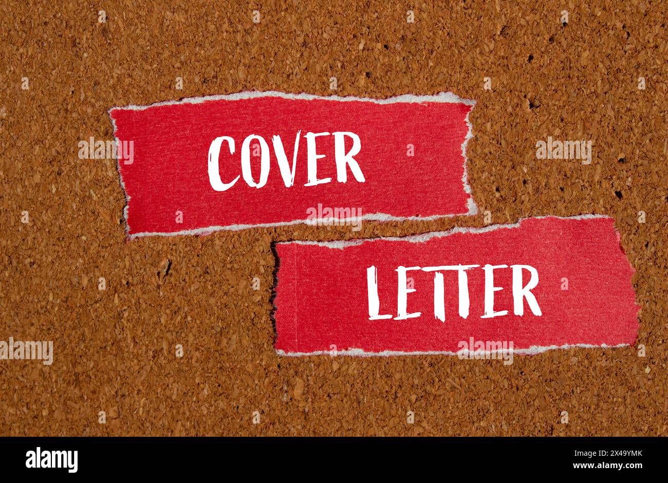 Cover letter words written on ripped red paper pieces with brown ...