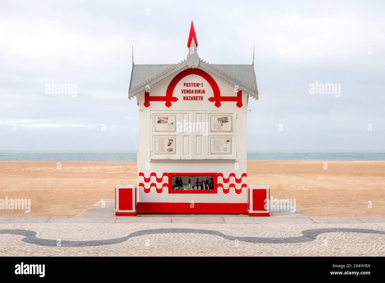 Red and white retro Kiosk by the beach. Nazaré, Portugal Stock Photo ...