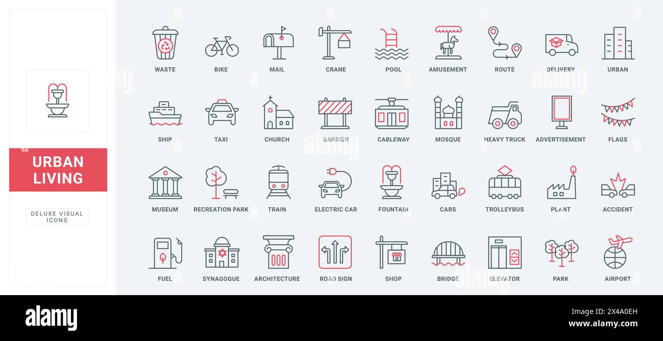 City buildings, town infrastructure and transport line icons set. Gas ...