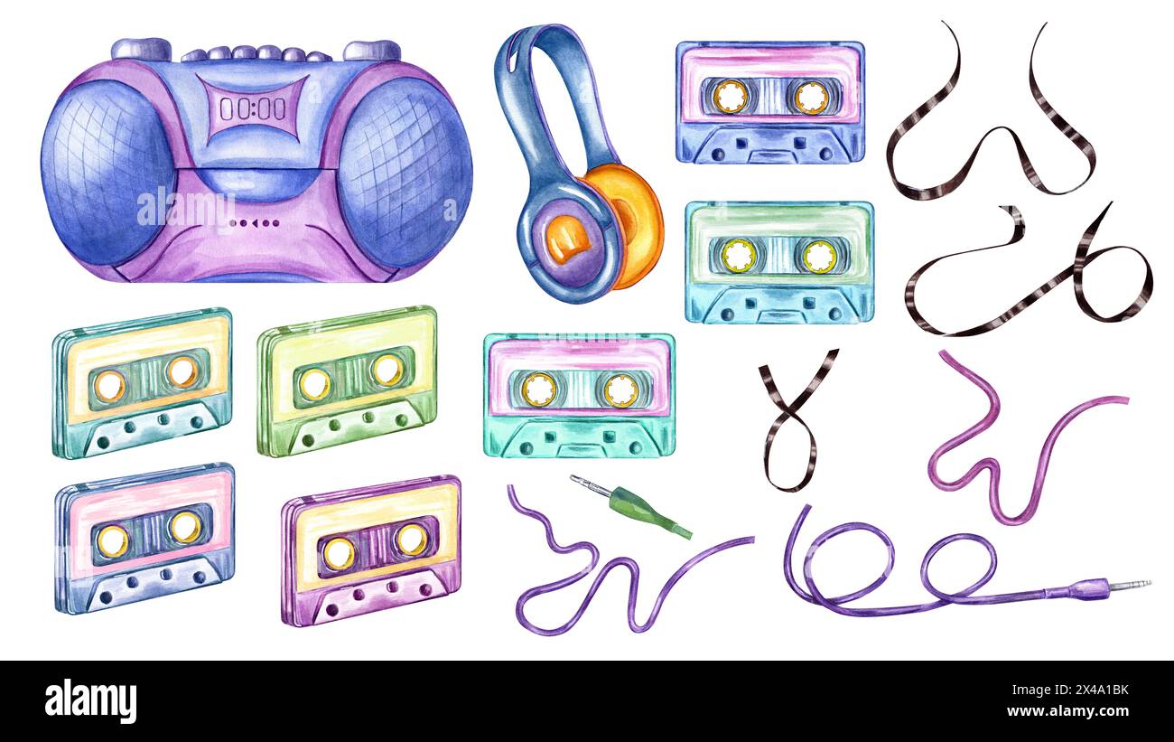Set of Music accessories. Boombox player, audio cassettes, wires and ...
