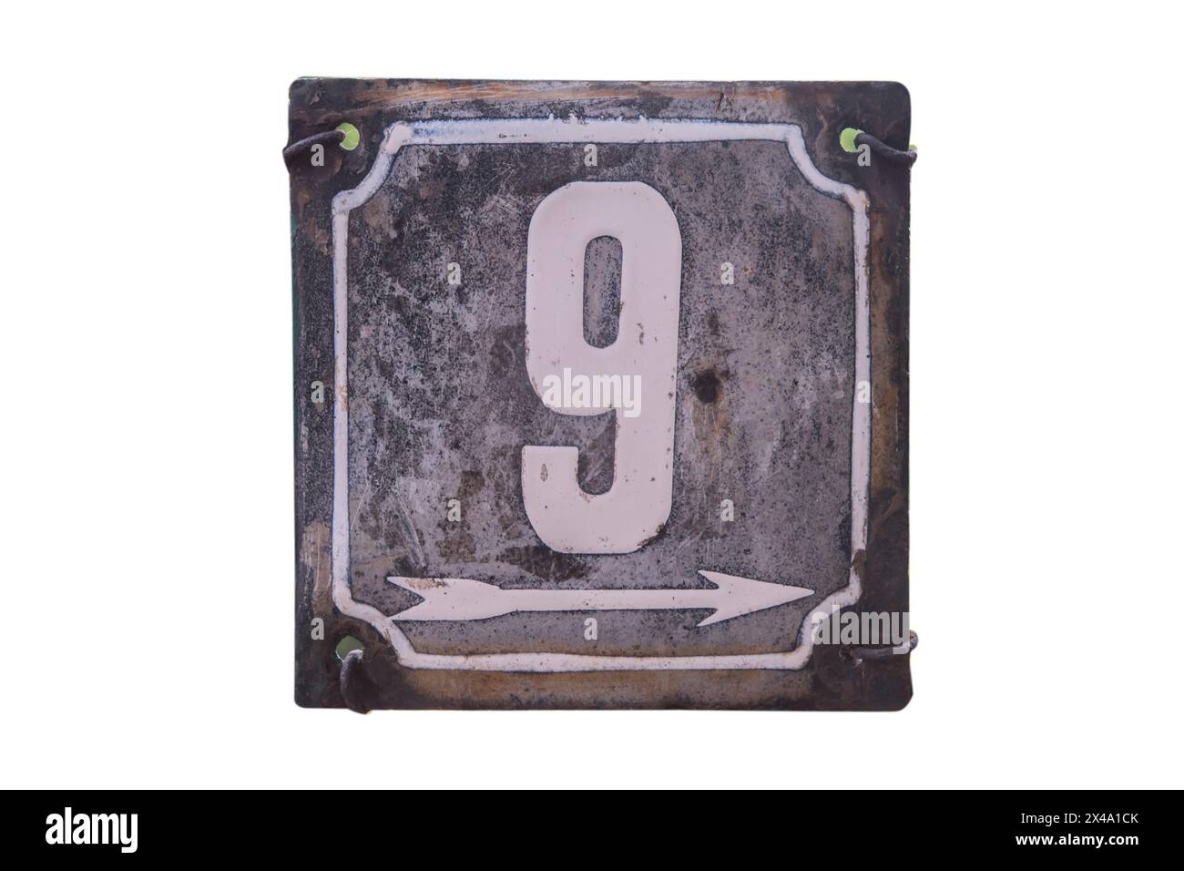 Weathered grunge square metal enameled plate of number of street ...