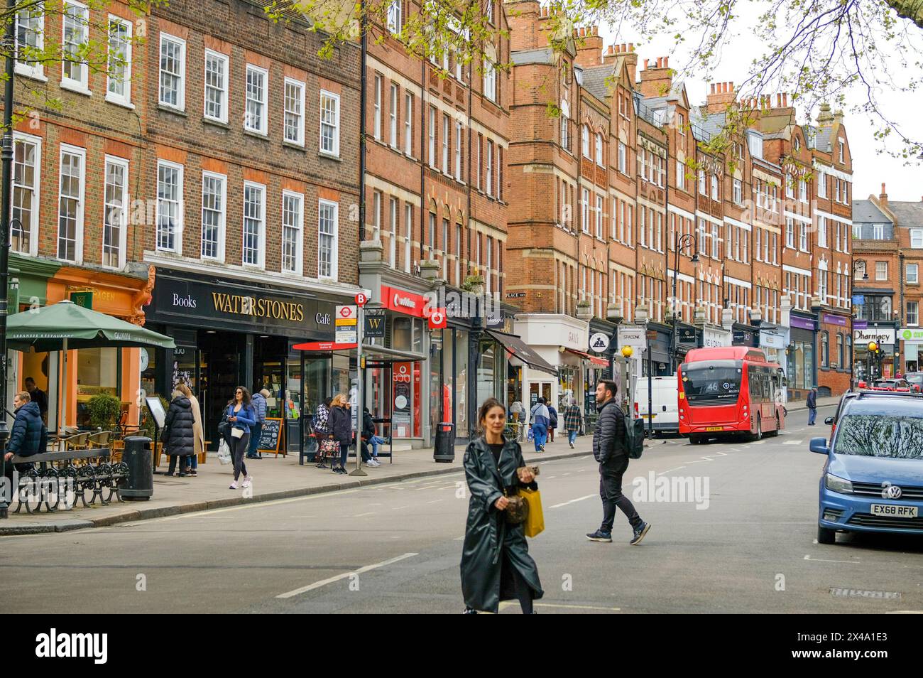 LONDON- APRIL 22, 2024: Hampstead Village high street scene- an ...