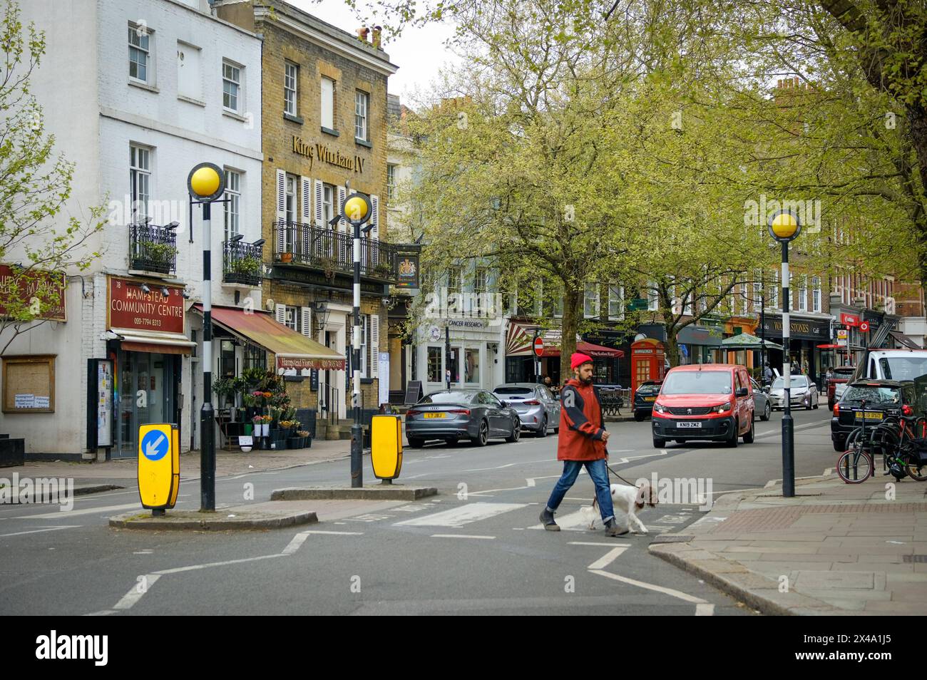 LONDON- APRIL 22, 2024: Hampstead Village high street scene- an ...