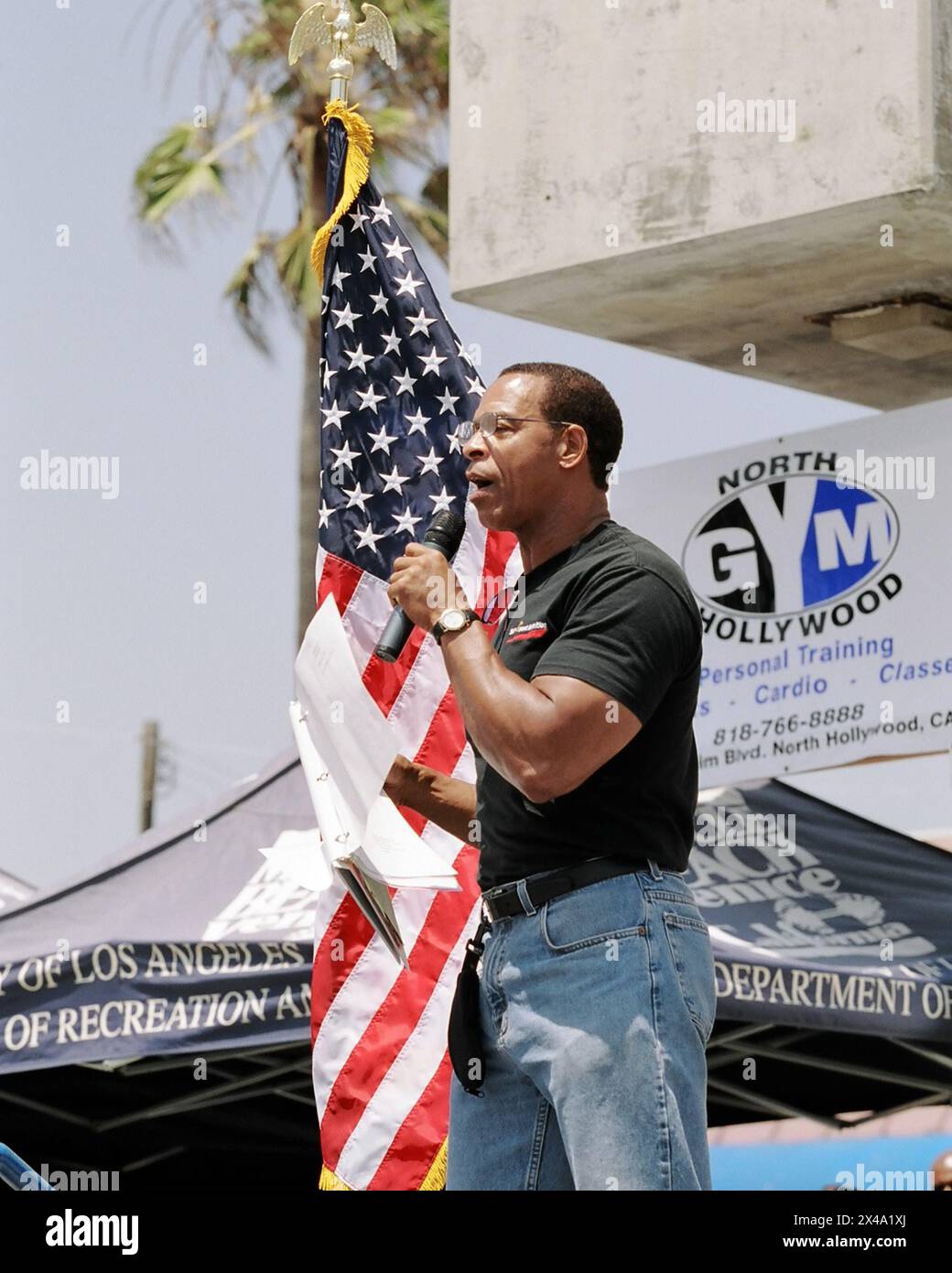 December 31, 1969, Venice, California, USA: Bill Grant emcee at Muscle ...