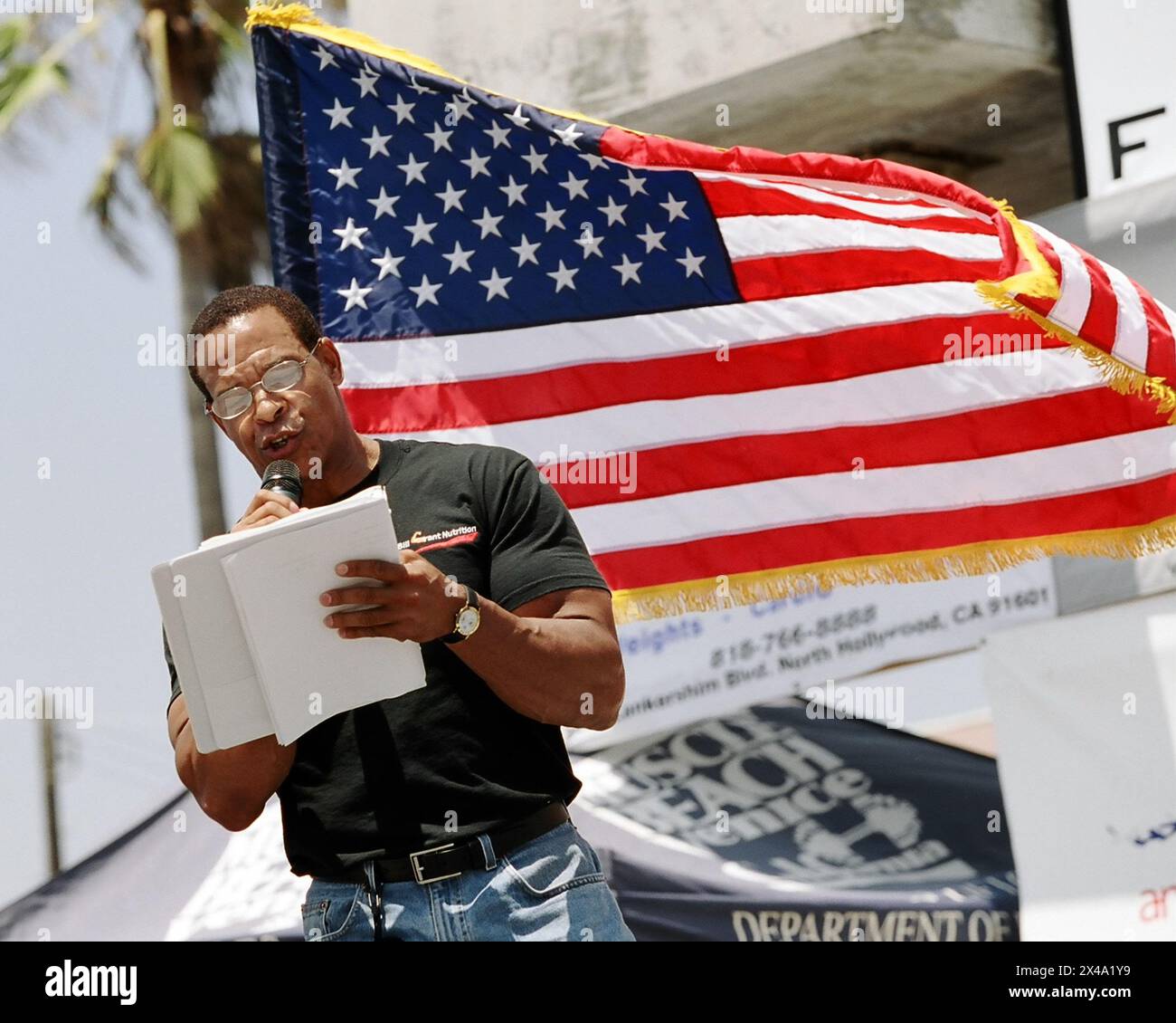 December 31, 1969, Venice, California, USA: Bill Grant emcee at Muscle ...