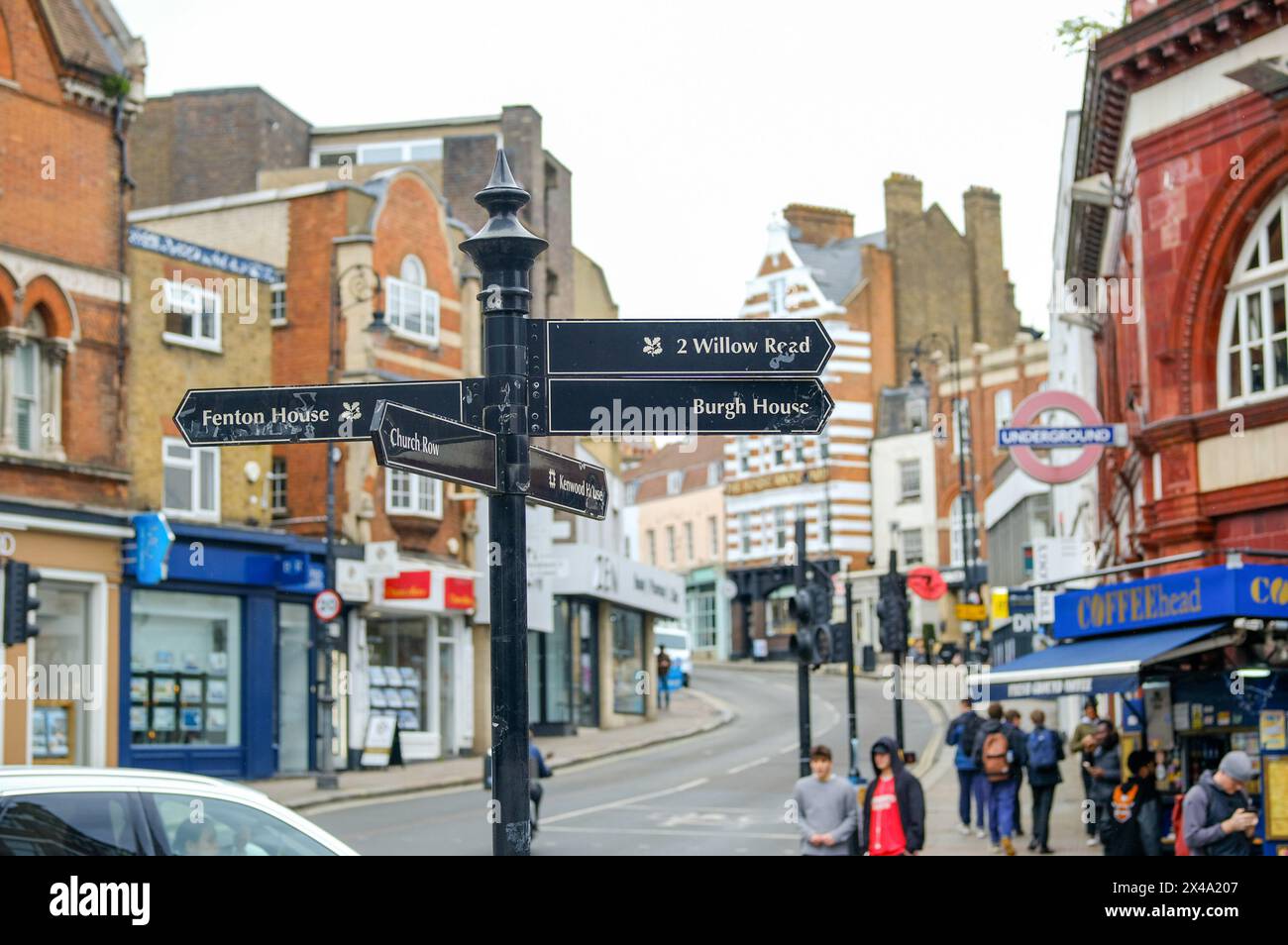 LONDON- APRIL 22, 2024: Hampstead Village high street scene- an ...