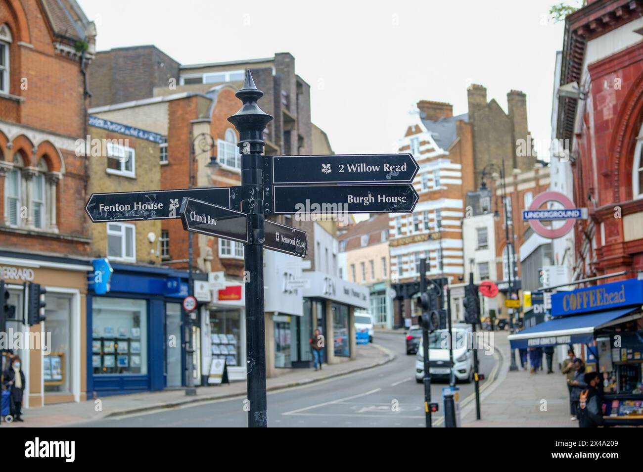 LONDON- APRIL 22, 2024: Hampstead Village high street scene- an ...